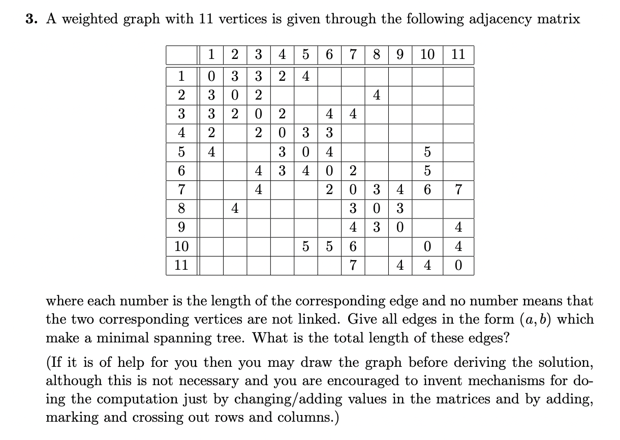 Solved 3. A weighted graph with 11 vertices is given through | Chegg.com