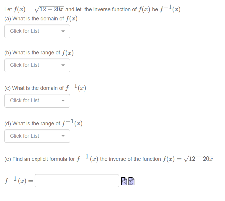 Solved Let f(x)=12−20x and let the inverse function of f(x) | Chegg.com