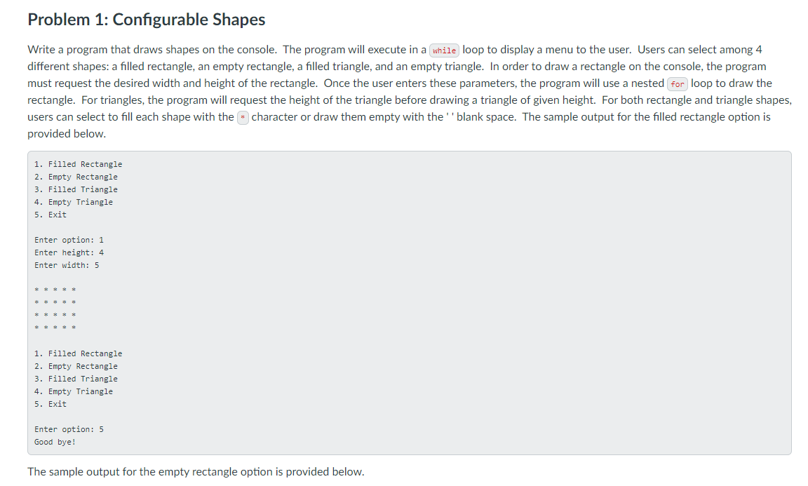 Solved Problem 1: Configurable Shapes Write a program that | Chegg.com