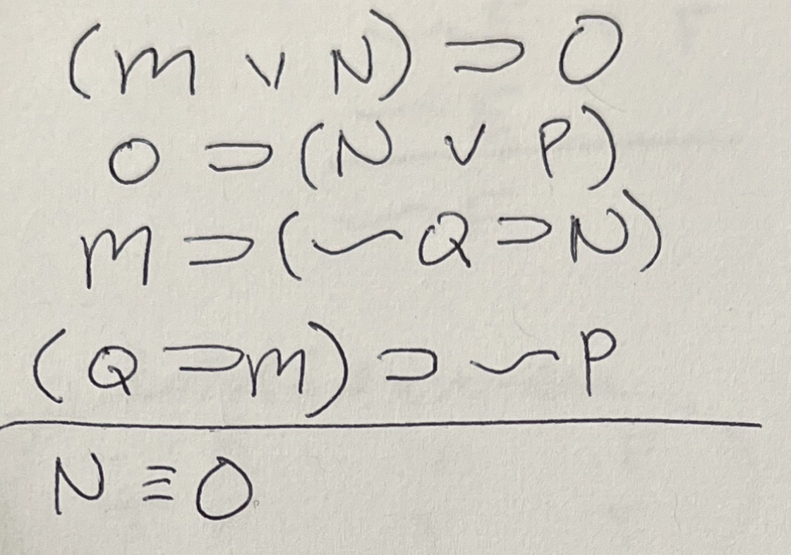 Solved (MVN)>O/O>(NVP)/M>(~Q~N)/(Q>M)>~P//N=O indirect truth | Chegg.com