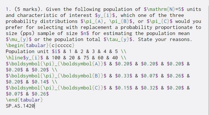 Solved 1. (5 marks). Given the following population of | Chegg.com