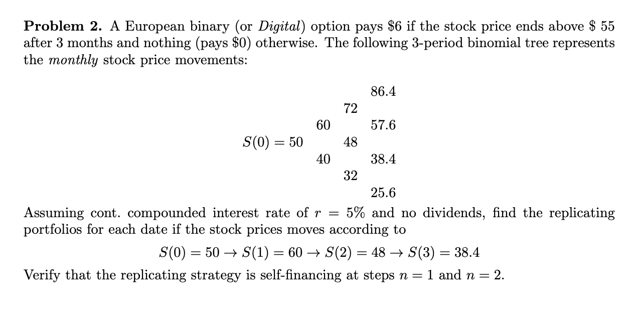 Solved Problem 2. A European binary (or Digital) option pays | Chegg.com