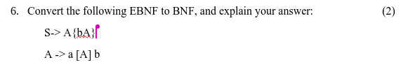 Solved (2) 6. Convert the following EBNF to BNF, and explain | Chegg.com