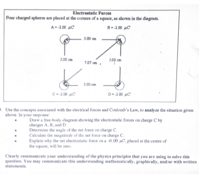 Solved Electrostatic Forces Four charged spheres are placed | Chegg.com