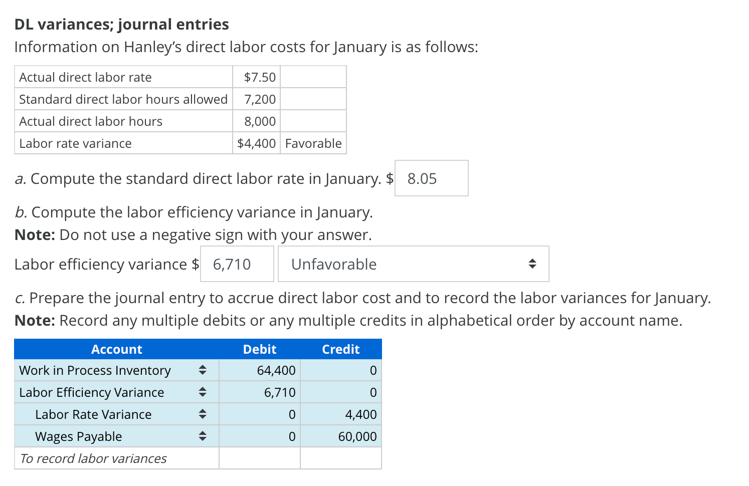 Solved DL variances; journal entries Information on Hanley's | Chegg.com