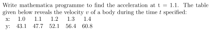 Solved to find the acceleration at t = 1.1. The table given | Chegg.com