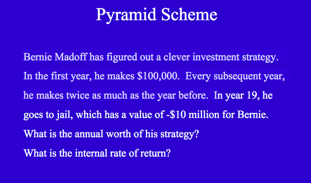 Solved Pyramid Scheme Bernie Madoff has figured out a clever | Chegg.com