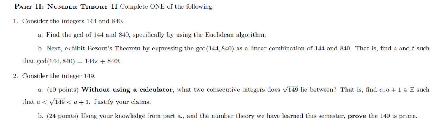 Solved PART II: NUMBER THEORY II Complete ONE of the | Chegg.com