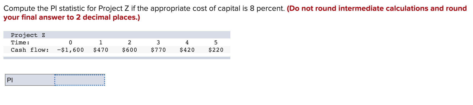 Solved Compute the PI statistic for Project Z if the | Chegg.com