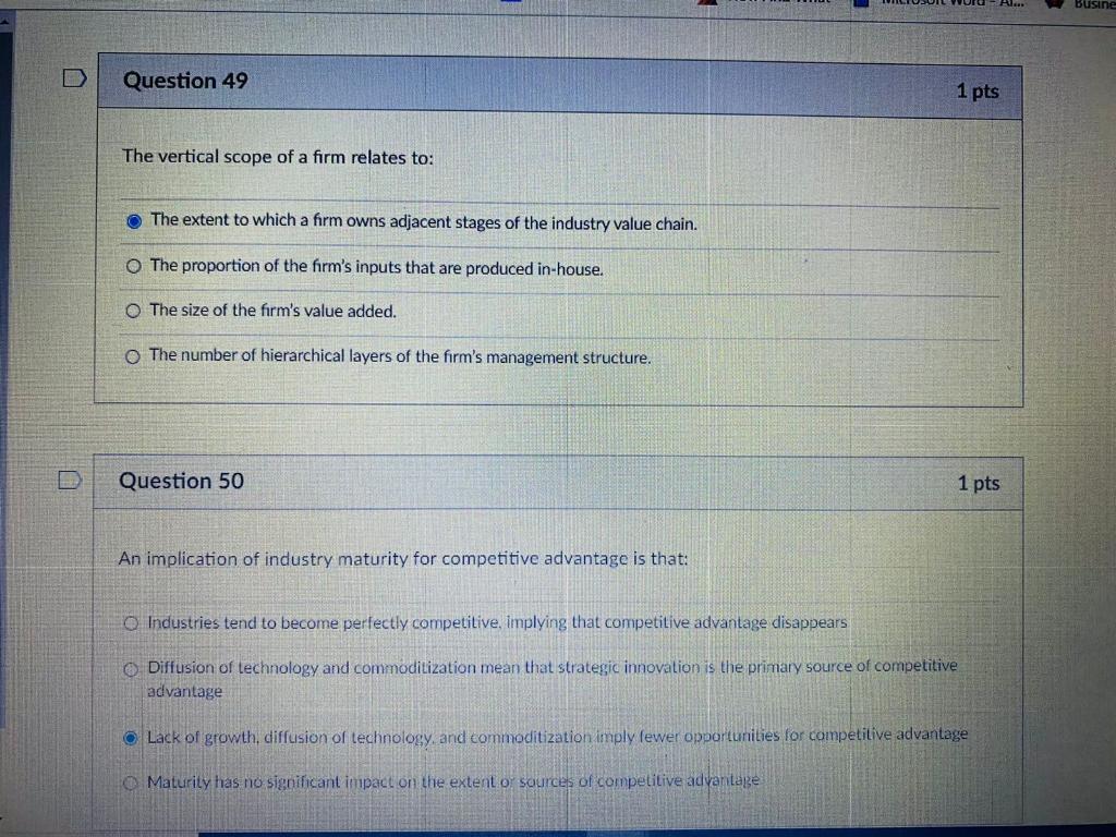 Solved U Question 49 1 pts The vertical scope of a firm | Chegg.com