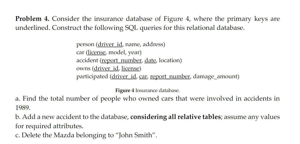 Solved Problem 4. Consider the insurance database of Figure | Chegg.com
