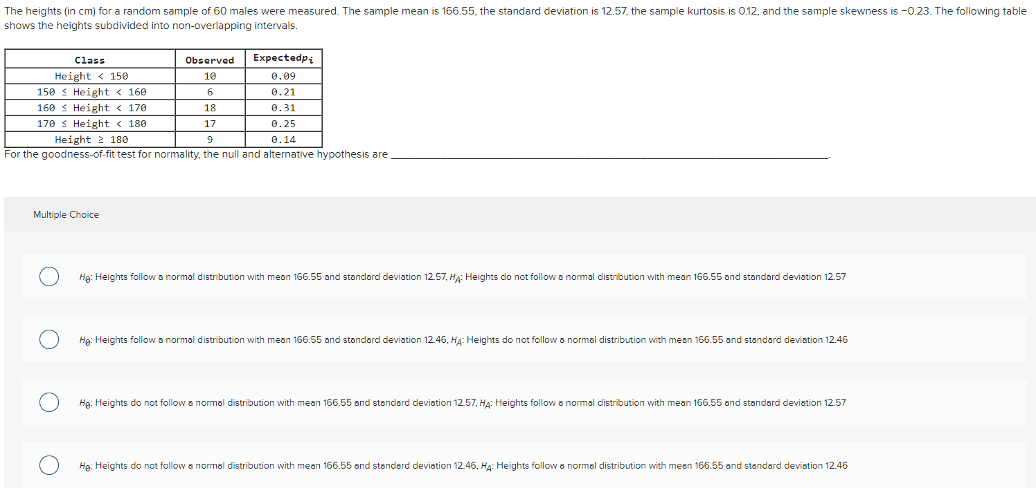 Solved The heights (in cm) for a random sample of 60 males | Chegg.com