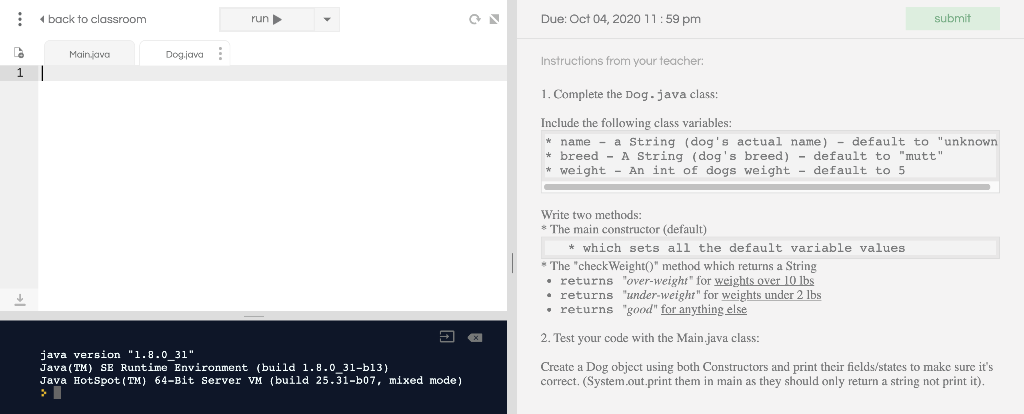 Solved Instructions from your teacher: Main.java Dog.java 1. | Chegg.com