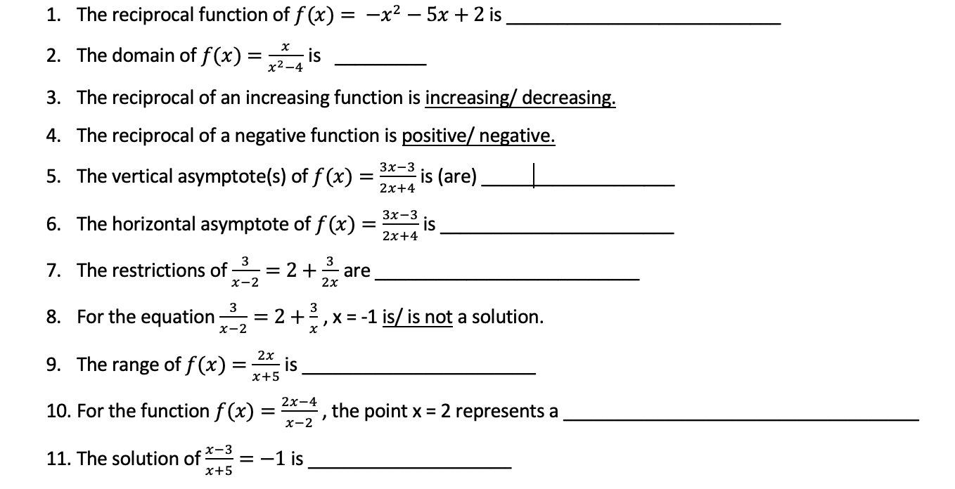 Solved 1. The reciprocal function of f(x)=−x2−5x+2 is 2. The | Chegg.com