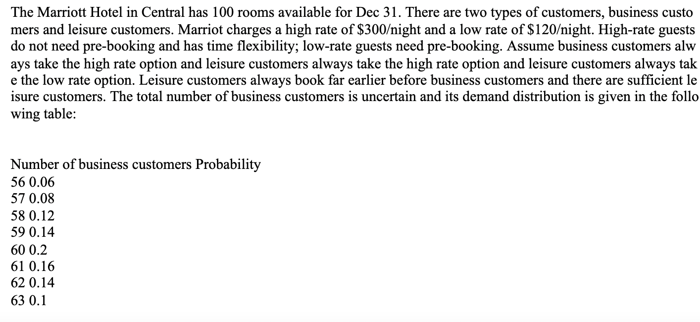 Solved The Marriott Hotel in Central has 100 rooms available | Chegg.com