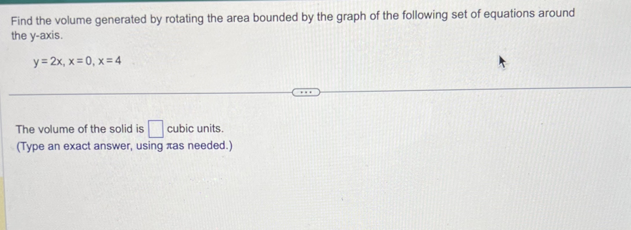 Solved Find the volume generated by rotating the area | Chegg.com