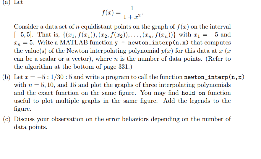 Solved f(x)=1+x21. Consider a data set of n equidistant | Chegg.com