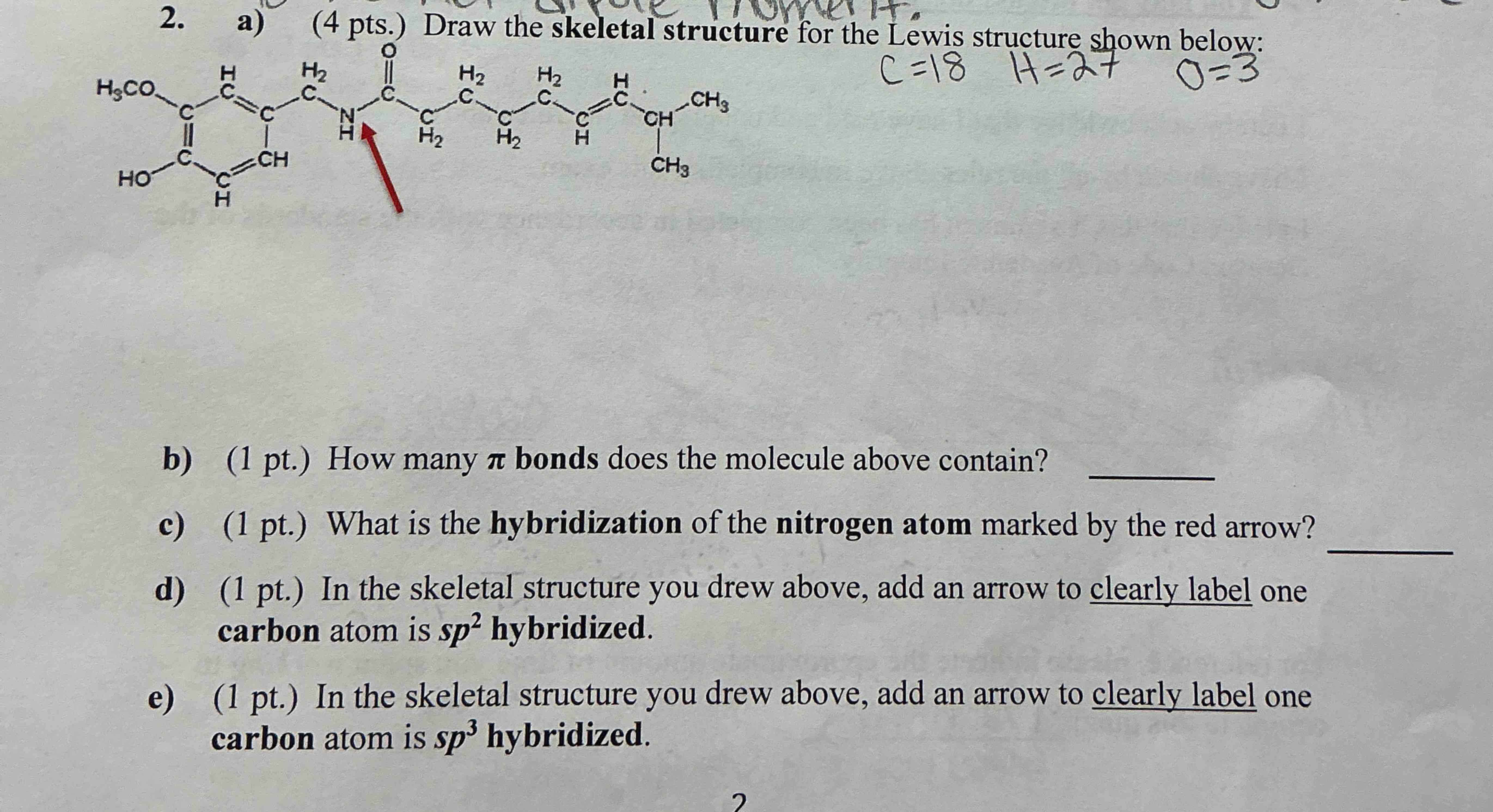 Solved 2. ﻿a) (4 ﻿pts.) ﻿Draw the skeletal structure for the | Chegg.com