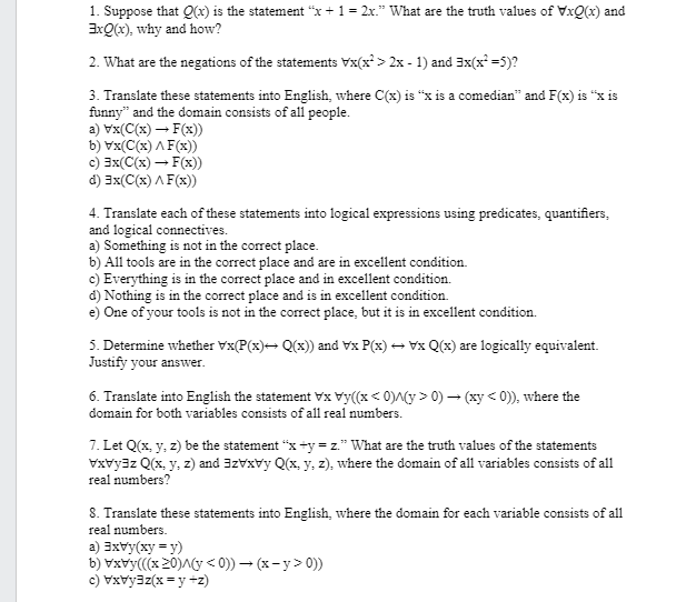 Solved 1. Suppose that Q(x) is the statement " x+1=2x." What | Chegg.com