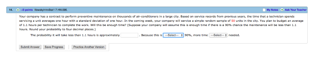 Solved 14. 3 points lllowskyintroStat1 7.HW.095. My Notes | Chegg.com