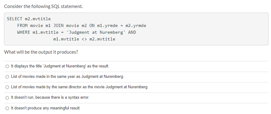 Solved Consider the following SQL statement. SELECT | Chegg.com