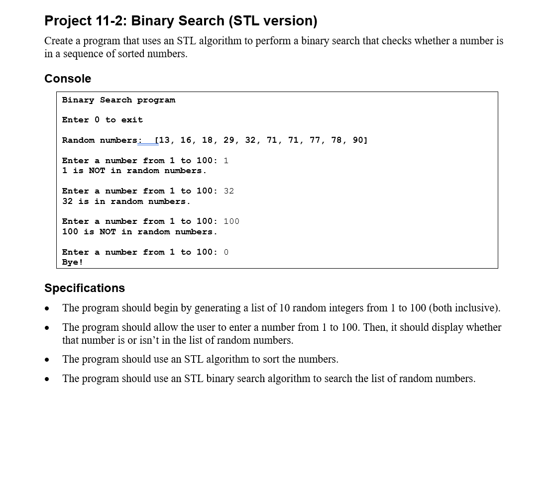 Solved Project 11 2 Binary Search STL Version Create A Chegg
