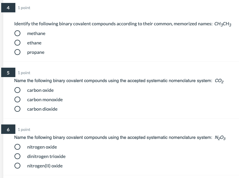 Solved 1 1 point Identify the following binary covalent | Chegg.com