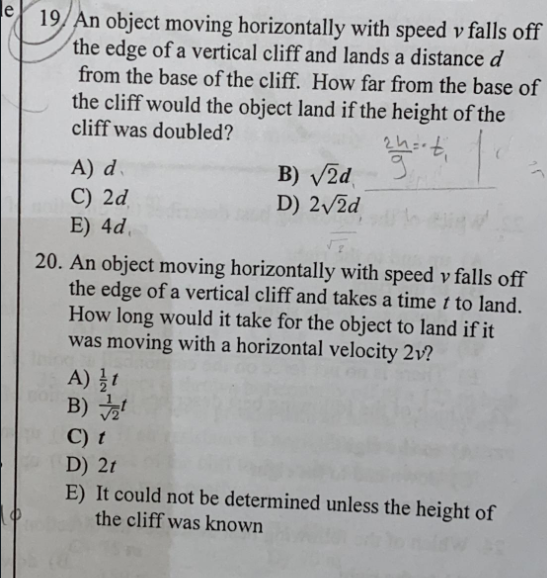 Solved le C) 2d 19. An object moving horizontally with speed | Chegg.com