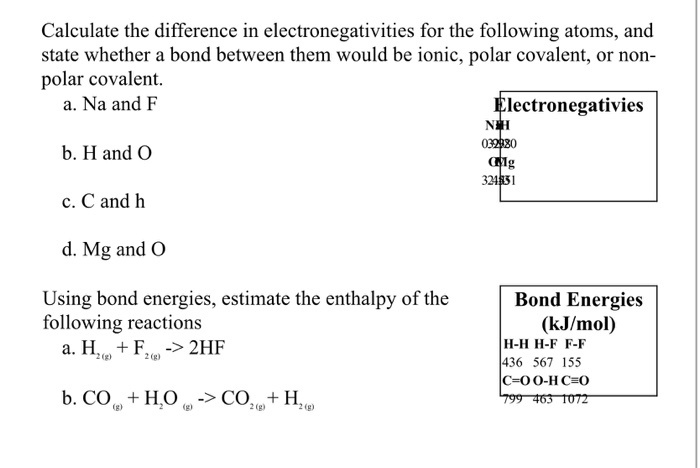 Solved Calculate the difference in electronegativities for | Chegg.com