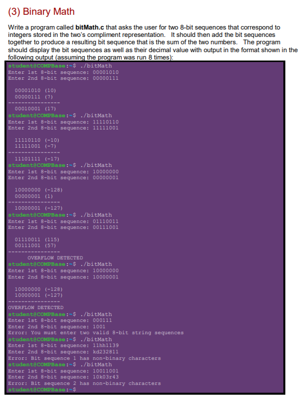 Solved (3) Binary Math Write a program called bitMath.c that | Chegg.com