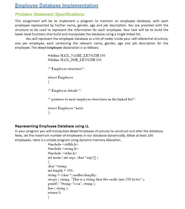 Solved Employee Database Implementation Problem Statement | Chegg.com