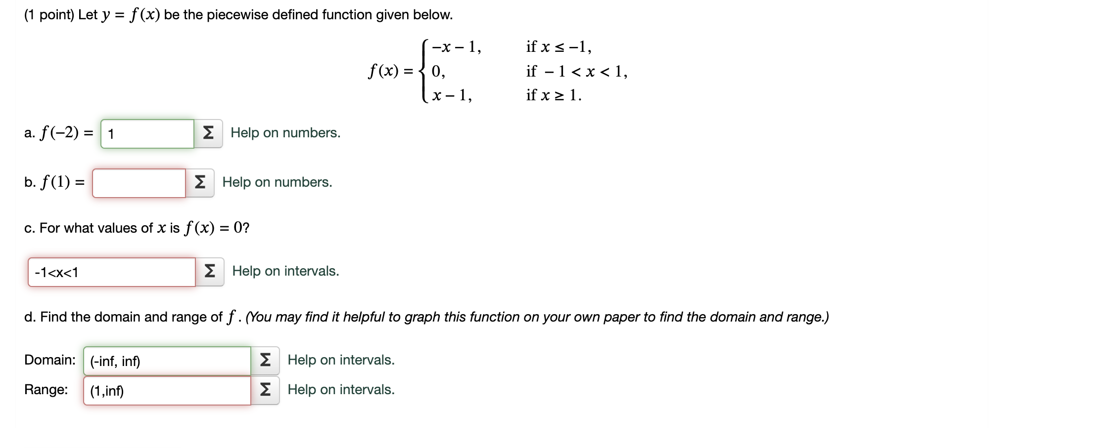Solved (1 point) Let y=f(x) be the piecewise defined | Chegg.com