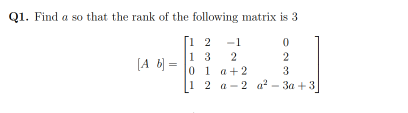 Solved Q1. Find a so that the rank of the following matrix | Chegg.com