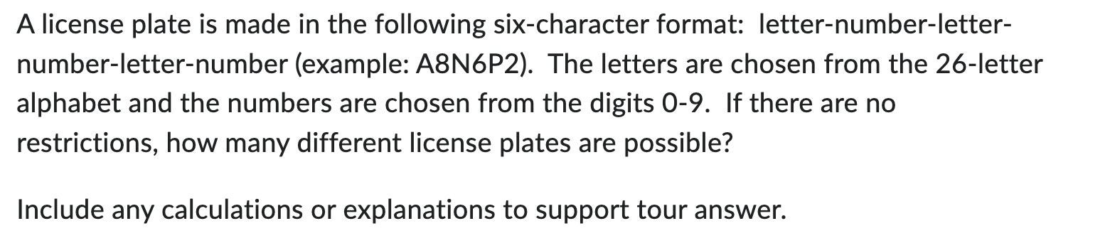 Solved A license plate is made in the following | Chegg.com