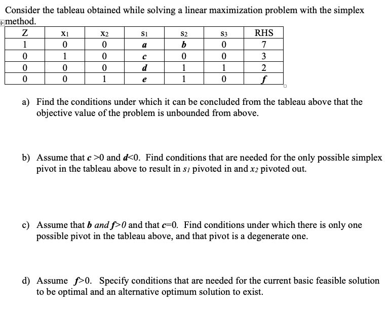 Solved Consider The Tableau Obtained While Solving A Linear