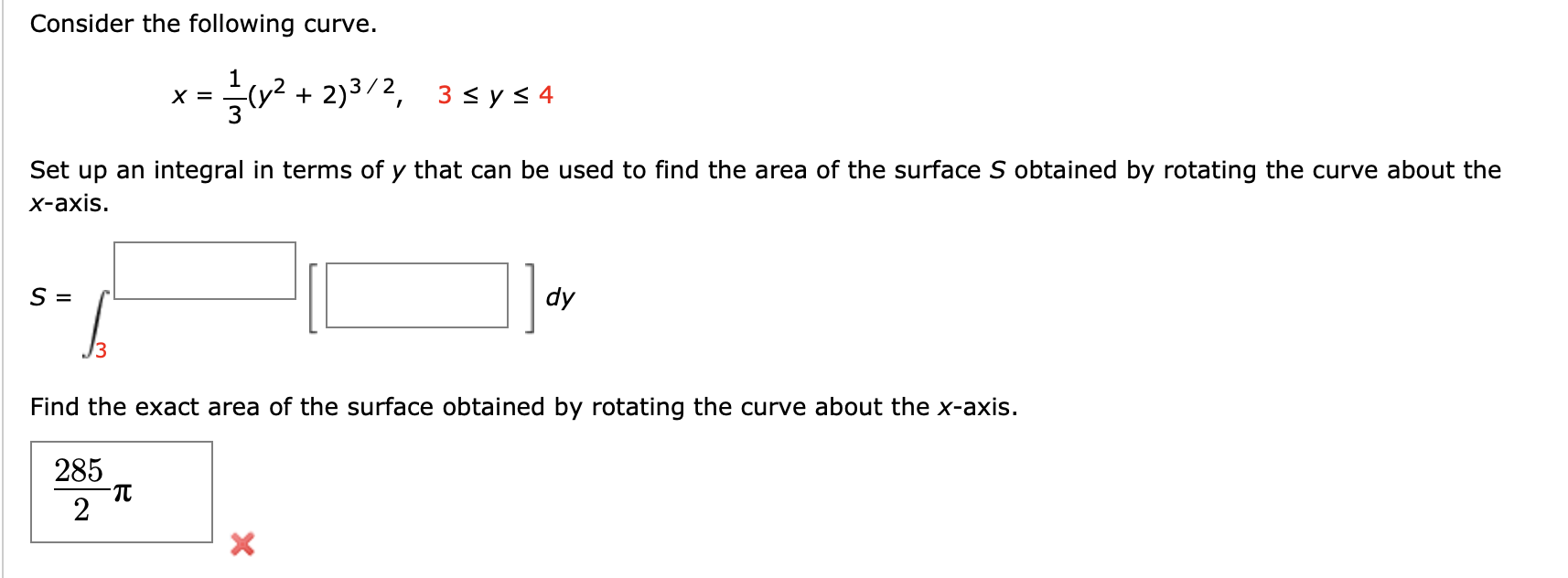 Solved Consider the following curve. x=31(y2+2)3/2,3≤y≤4 Set | Chegg.com