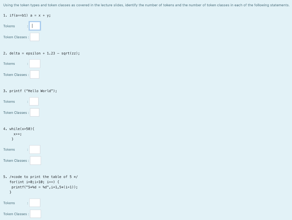 Solved Using the token types and token classes as covered in | Chegg.com