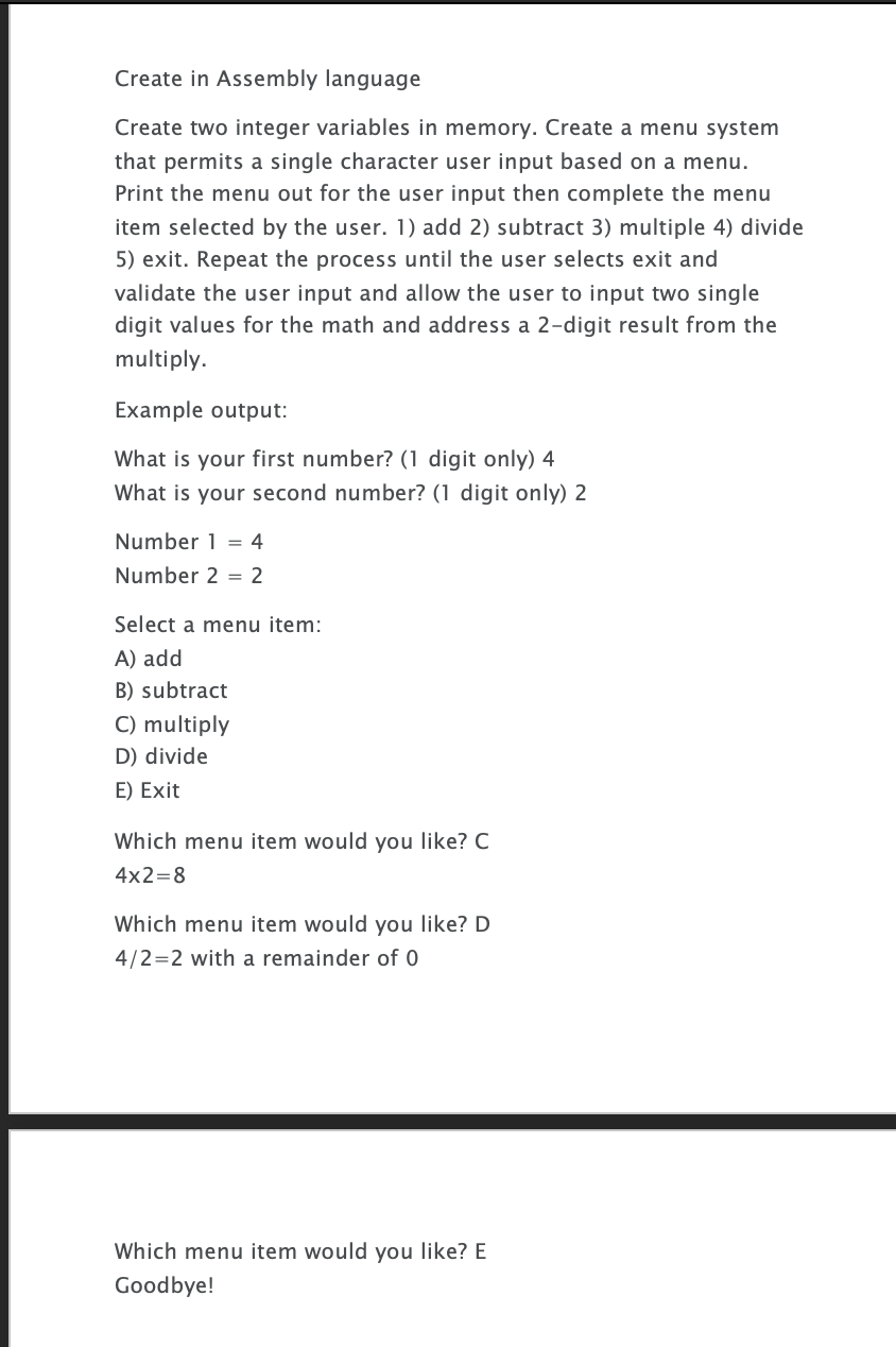 Solved Create in Assembly language Create two integer | Chegg.com