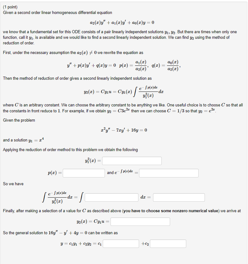 Solved (1 point) Given a second order linear homogeneous | Chegg.com