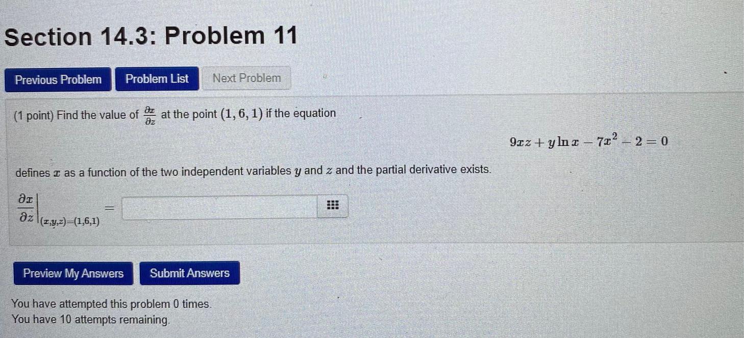 Solved Section 14.3: Problem 11 Previous Problem Problem | Chegg.com