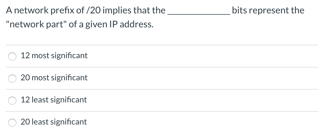 Solved bits represent the A network prefix of /20 implies | Chegg.com
