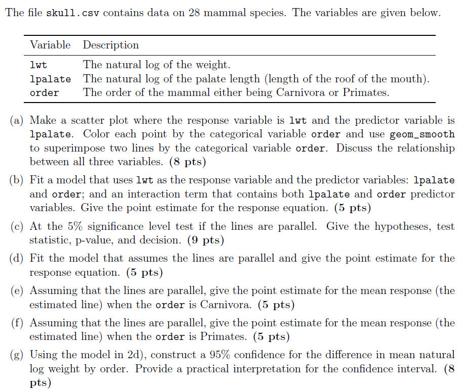 The file skull. csv contains data on 28 mammal | Chegg.com