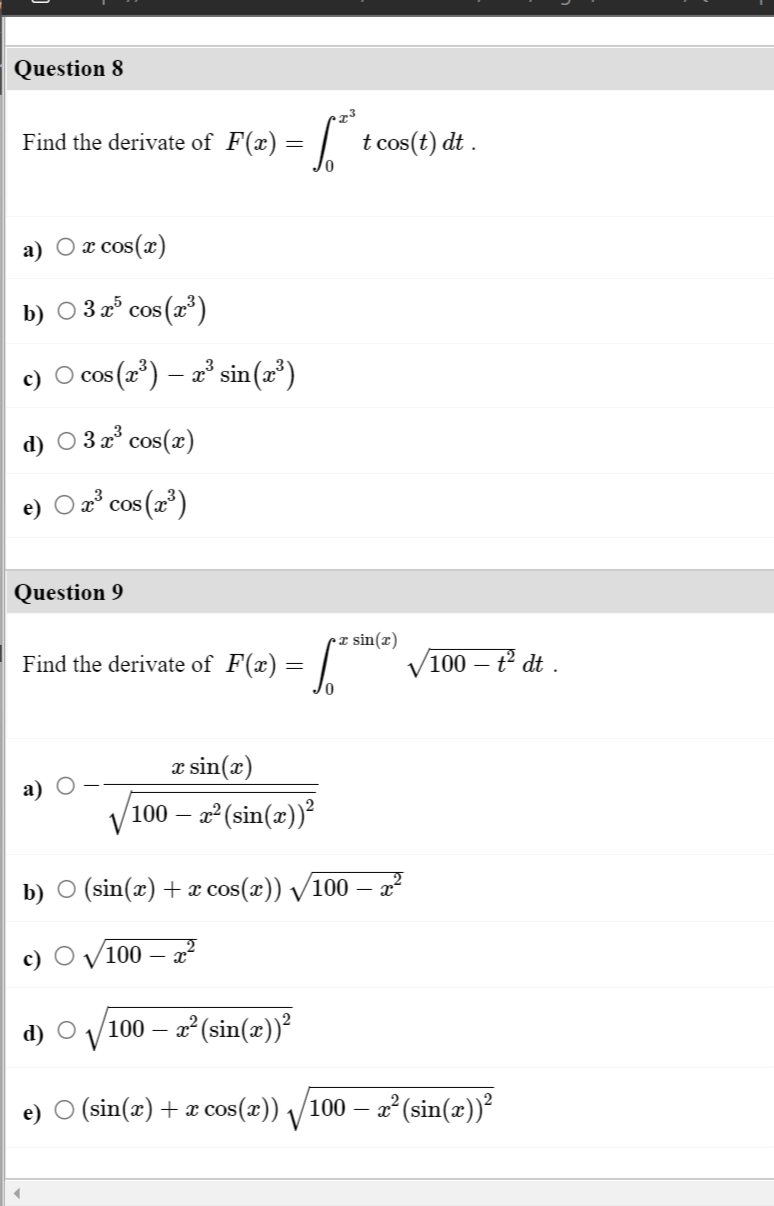 Solved Find the derivate of F(x)=∫0x3tcos(t)dt. a) xcos(x) | Chegg.com