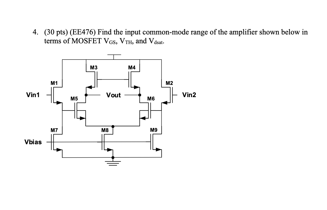 Solved 4. (30 pts) (EE476) Find the input common-mode range | Chegg.com
