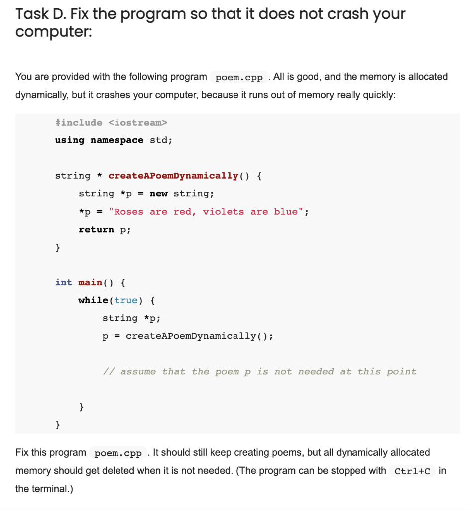 Solved Task D. Fix the program so that it does not crash | Chegg.com