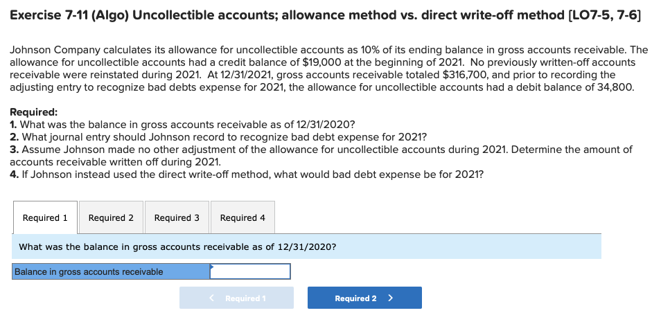 Solved Exercise 7-11 (Algo) Uncollectible accounts; | Chegg.com
