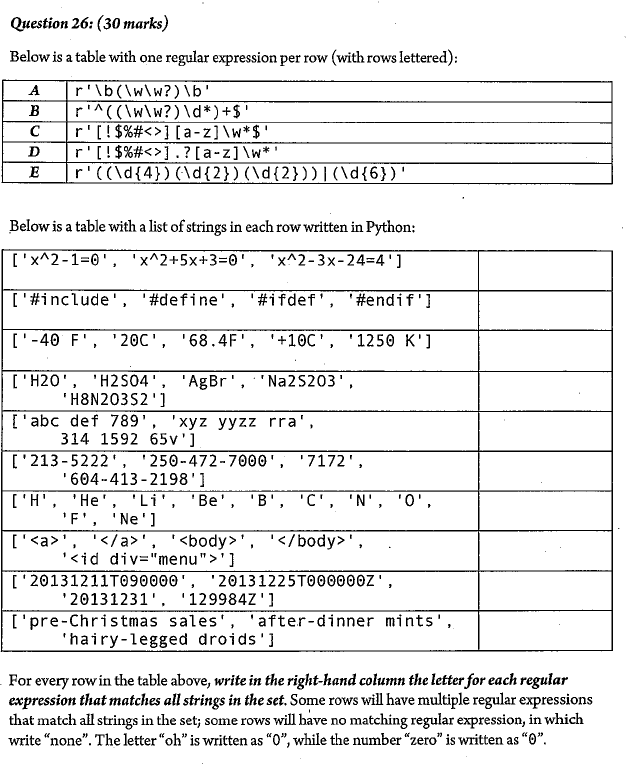 Solved Below is a table with one regular expression per row | Chegg.com