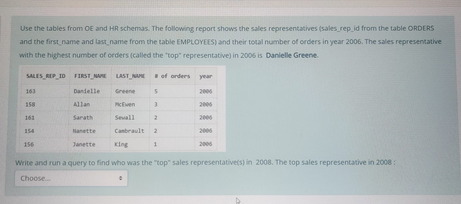 Solved Use the tables from OE and HR schemas. The following | Chegg.com
