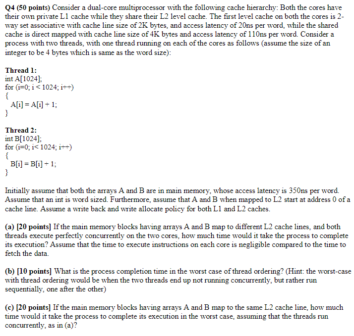 Solved Q4 (50 points) Consider a dual-core multiprocessor | Chegg.com