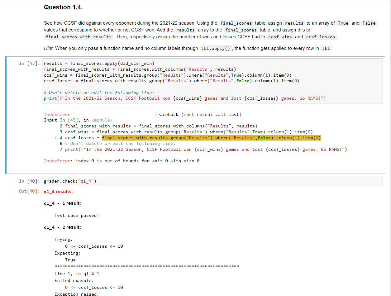 Question 1.4. See how CCSF did against every opponent | Chegg.com